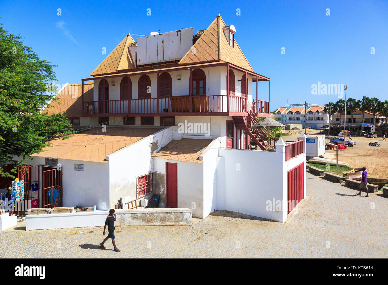 Original lighthouse at the end of the pier in Santa Maria, Sal Island ...