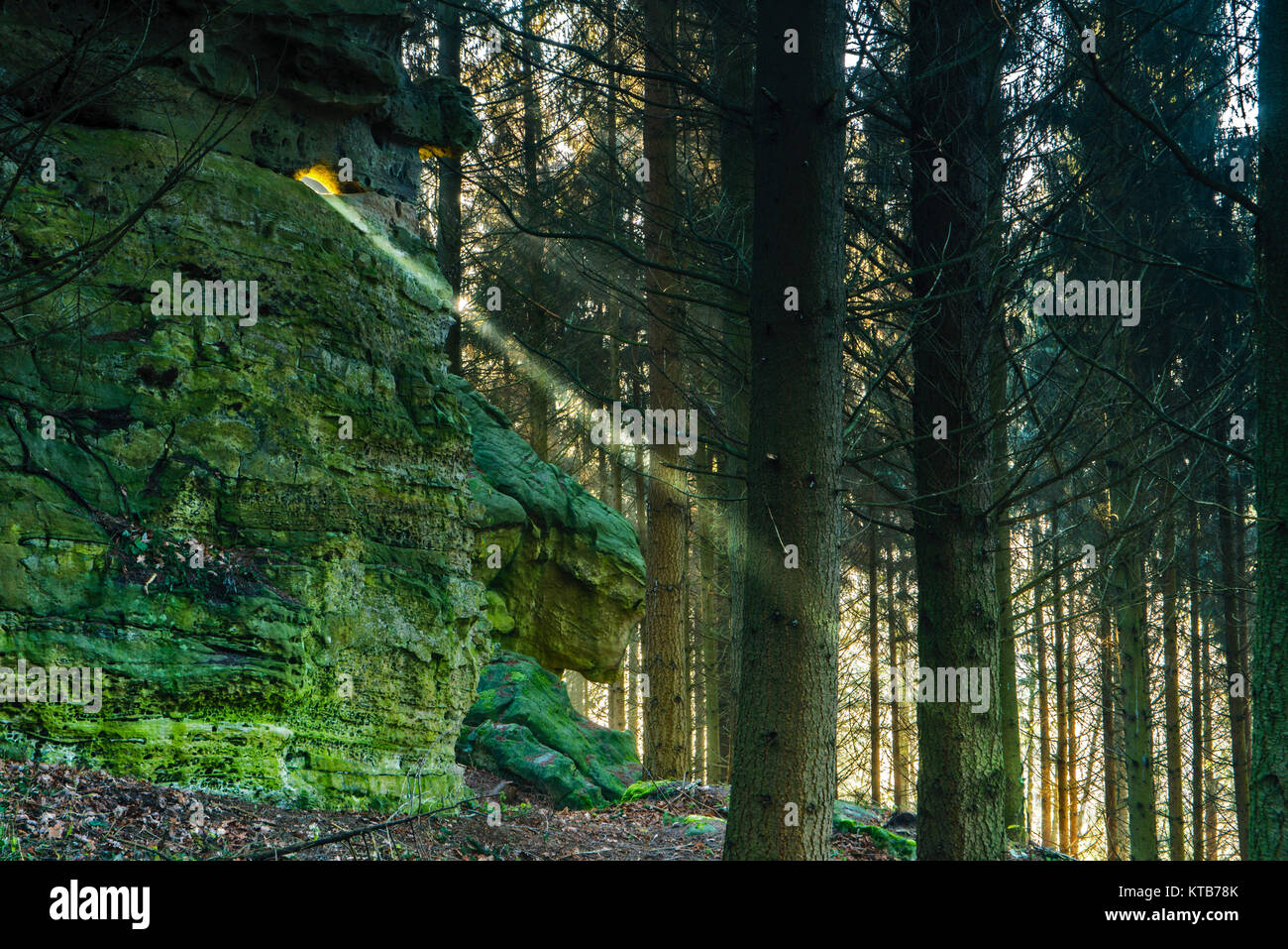 the sunlight falls fairy tale through a rock hole in the forest Stock ...