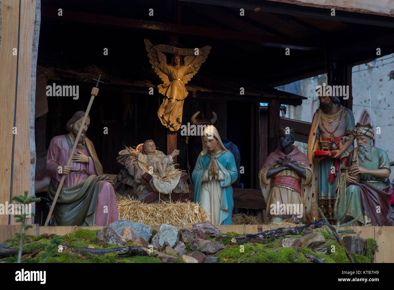 The nativity scene is set in a larger landscape with a waterfall. The ...