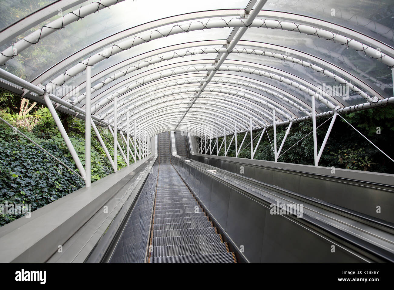 Outdoor escalator and stair with roof, close up Stock Photo - Alamy