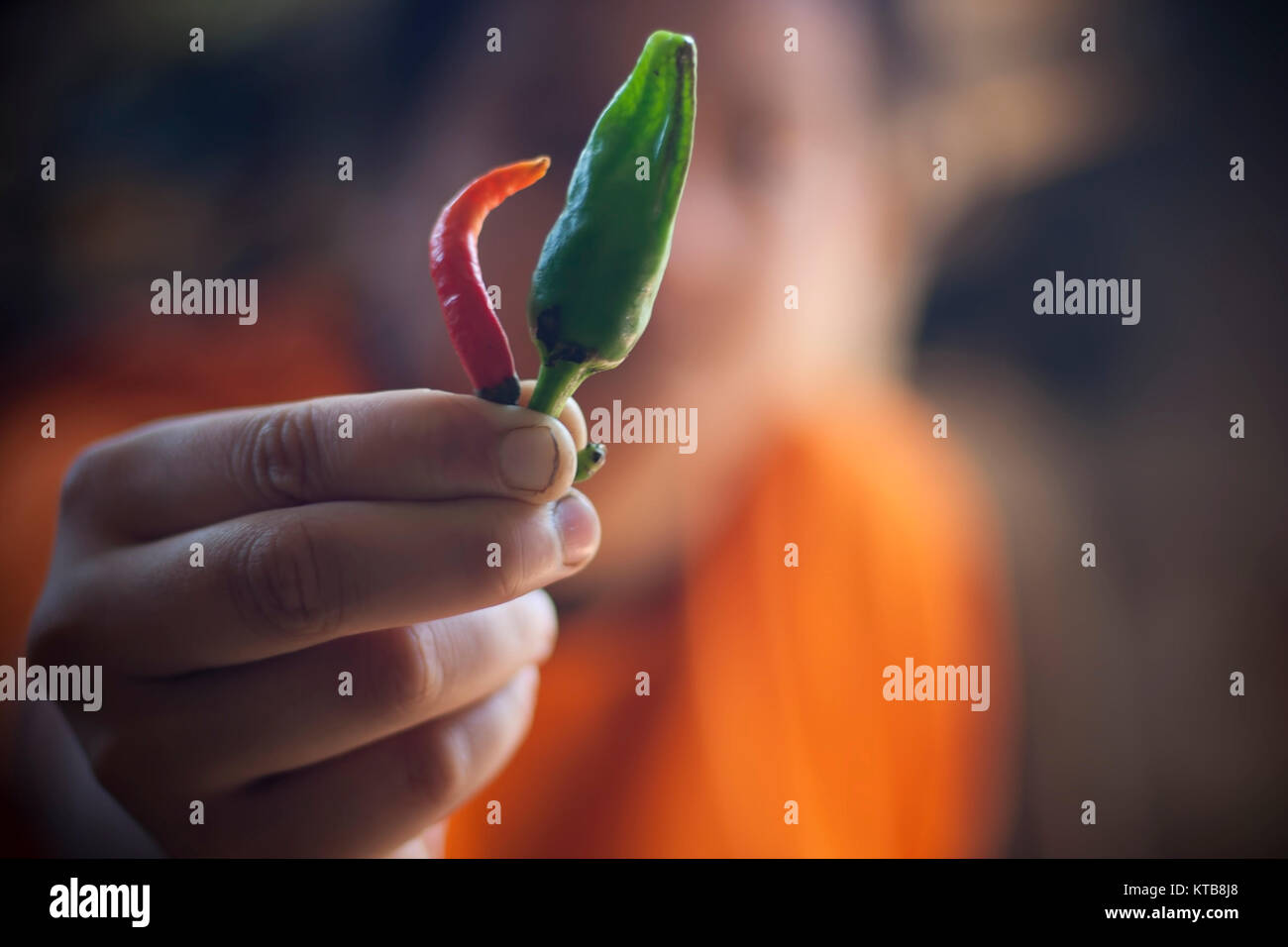 Young girl holding red & green chilli Stock Photo - Alamy