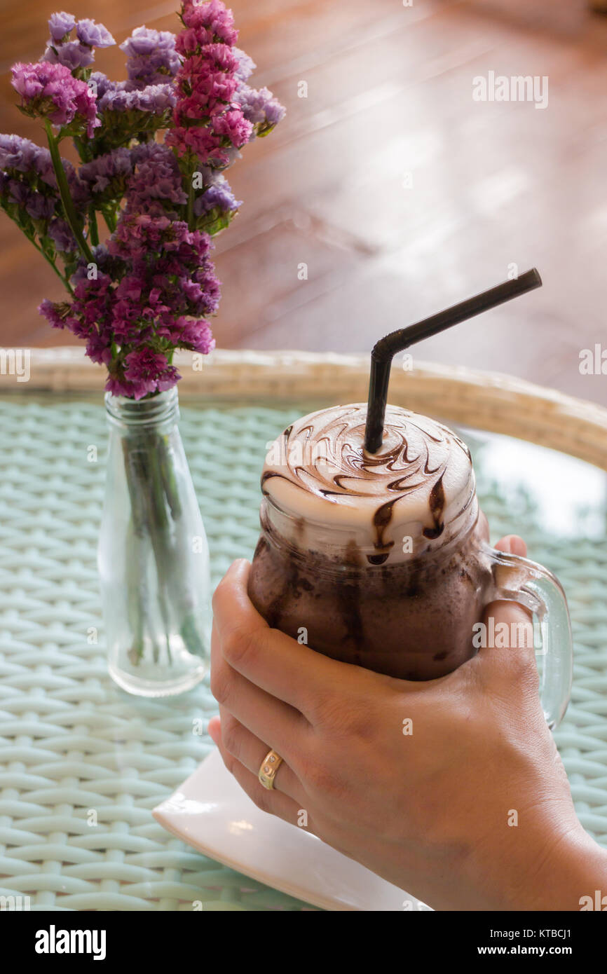 Top View Of Iced Chocolate On Glass Table Stock Photo - Alamy