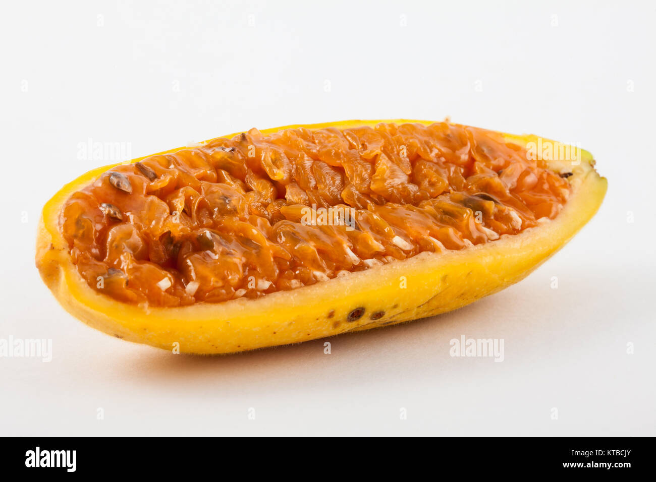 Exotic tropical fruit called curuba (Passiflora tripartita) on white ...