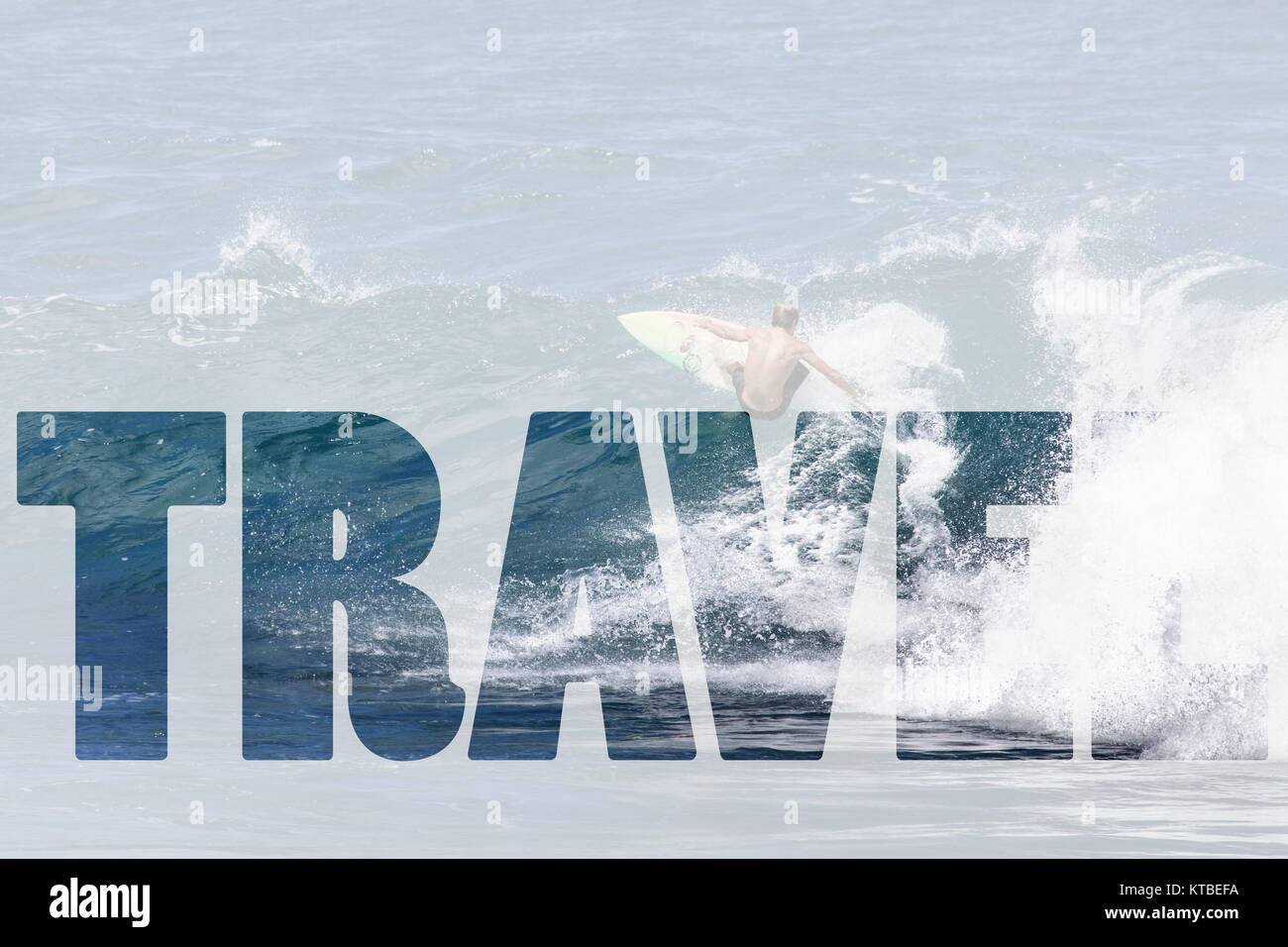 Word TRAVEL over Extreme surfer riding giant ocean wave in Hawaii Stock ...