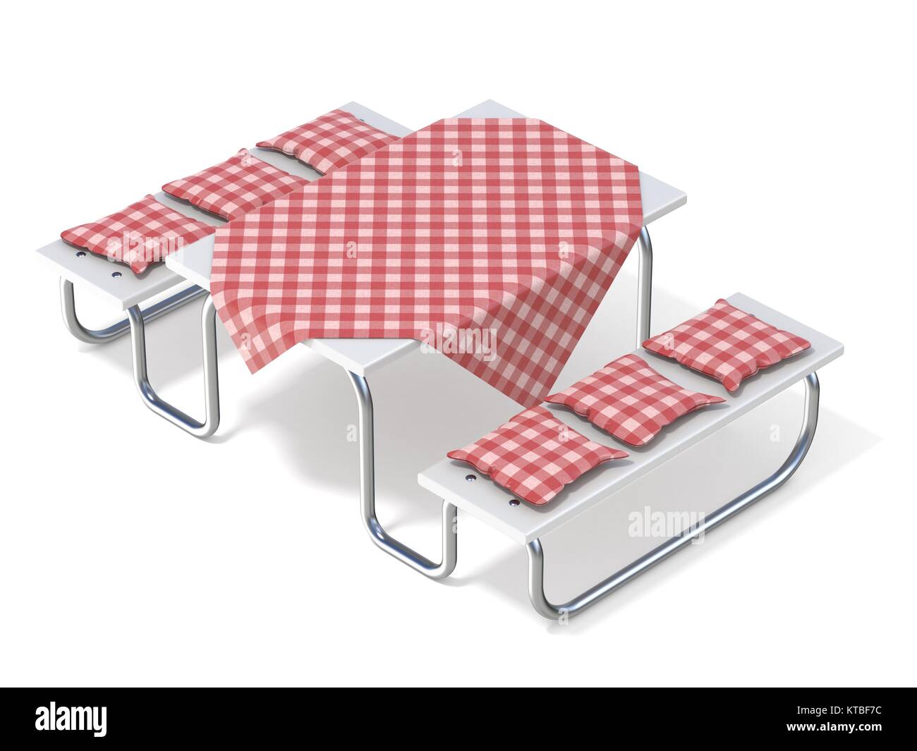 Picnic table with red table cover and pillows. 3D Stock Photo - Alamy