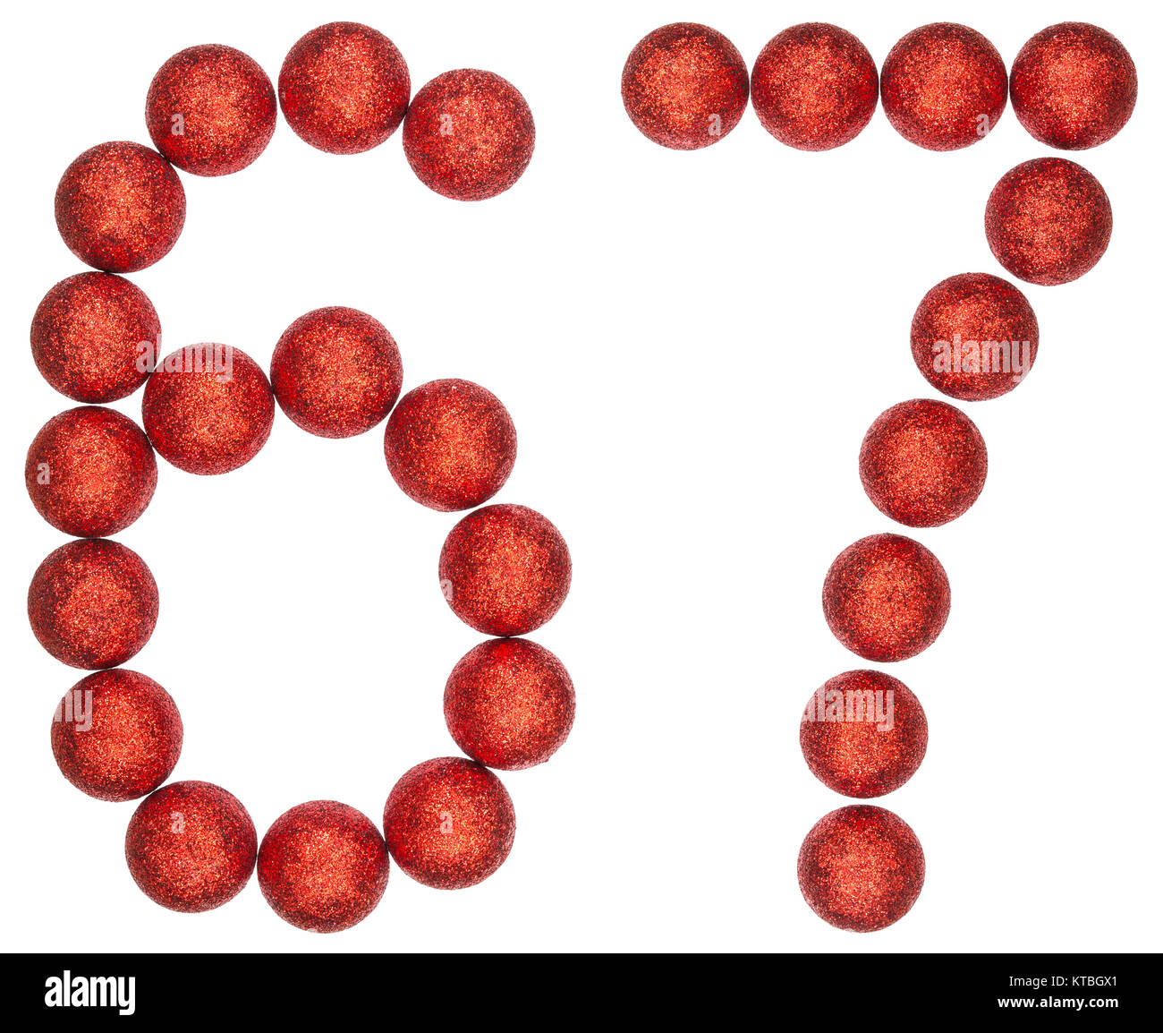 Numeral 67, sixty seven, from decorative balls, isolated on white ...