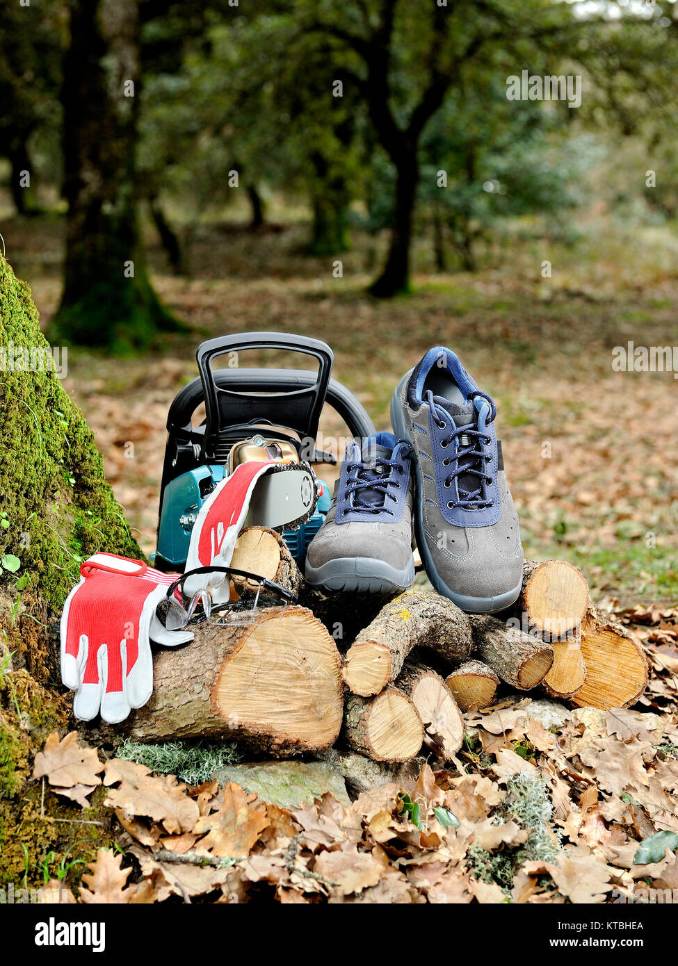 shoes,gloves and safety goggles for safe use of a chainsaw Stock Photo ...
