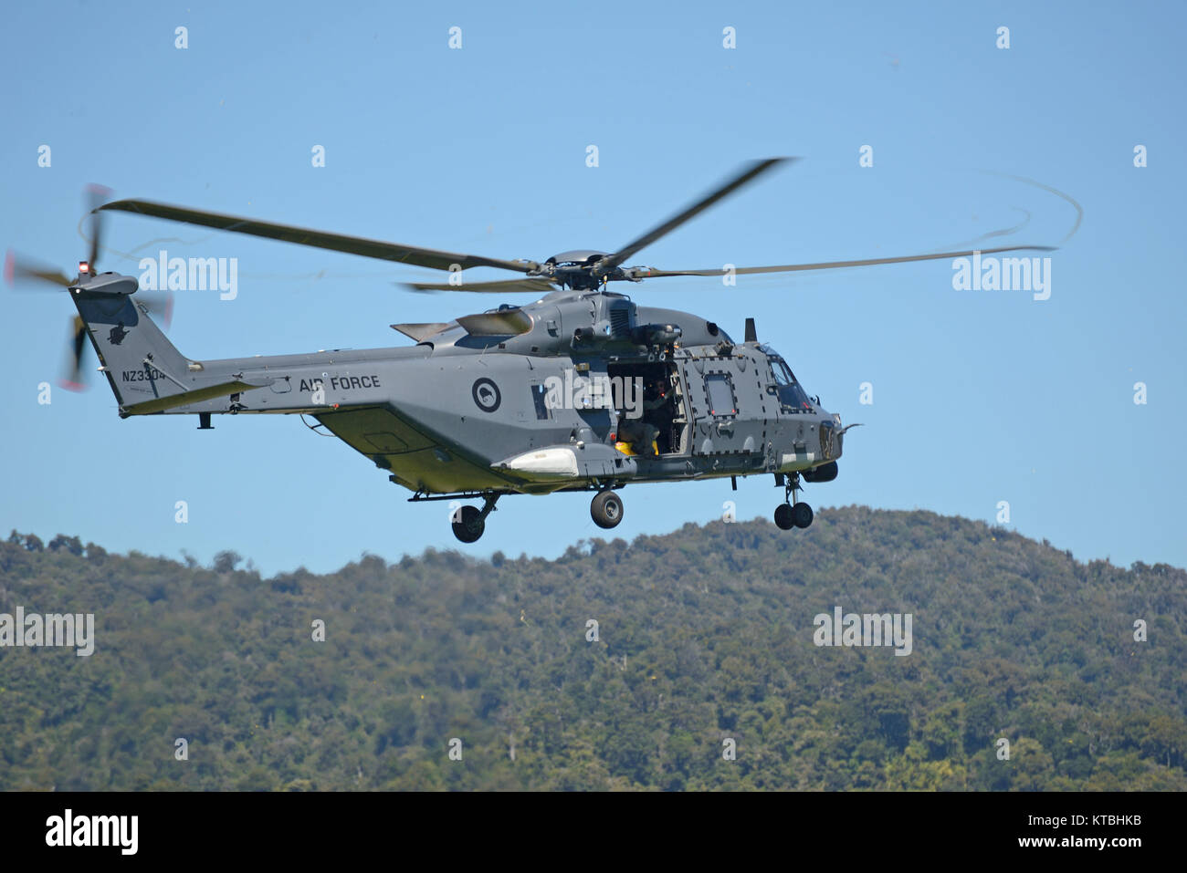 An Air Force NH90 helicopter takes off from Greymouth aerodrome at an ...