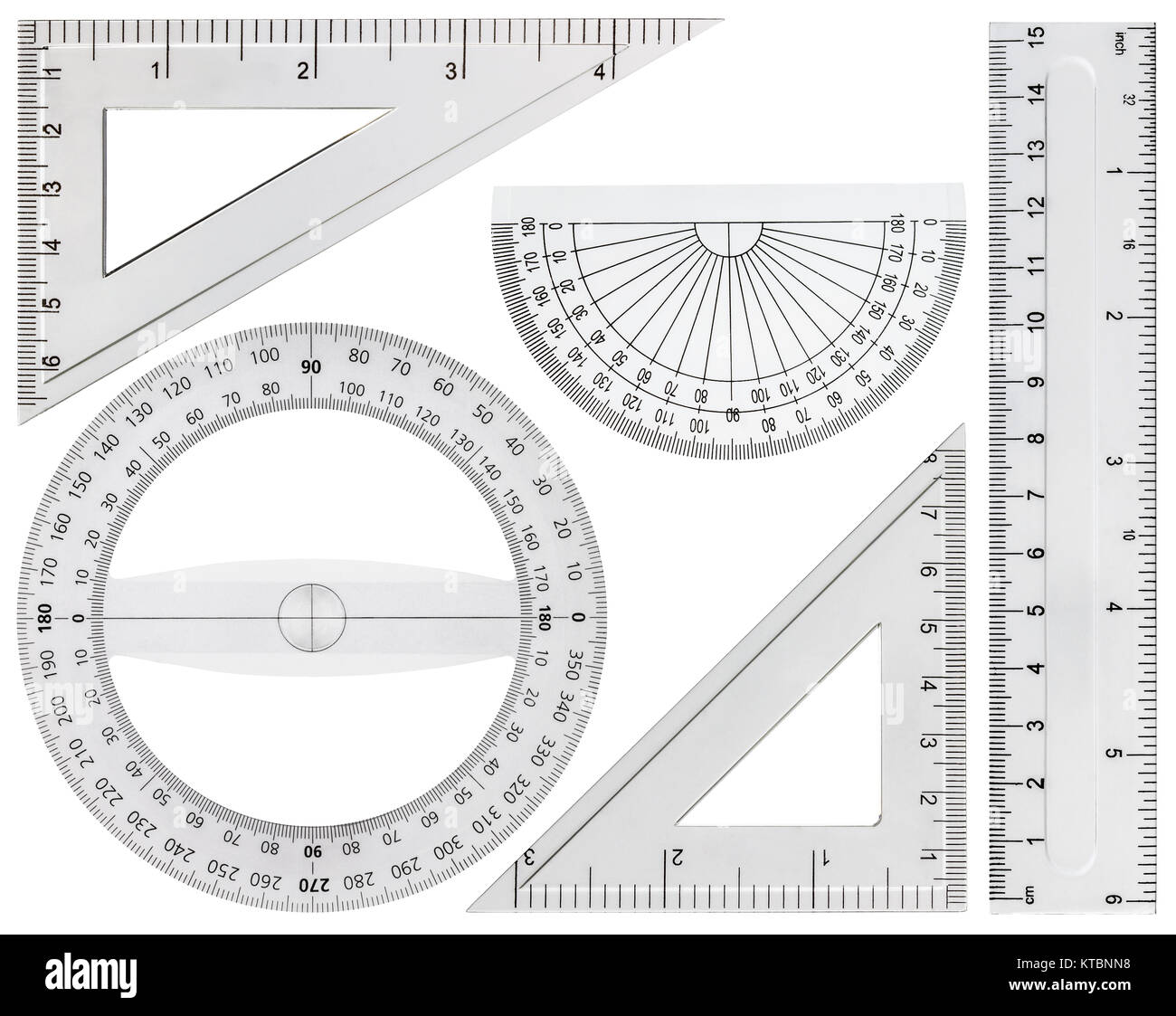 Set of drawing tools, ruler, protractor triangle, isolated on white ...