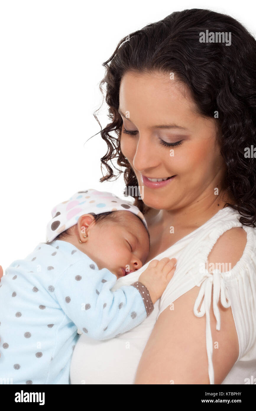 Mother with her one month baby girl on white background Stock Photo - Alamy