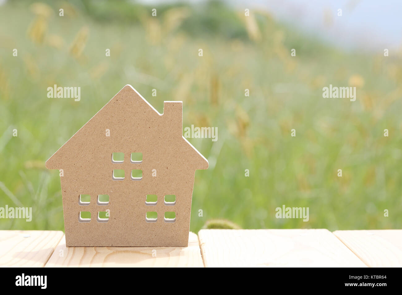 Wooden toy house on green field background Stock Photo - Alamy