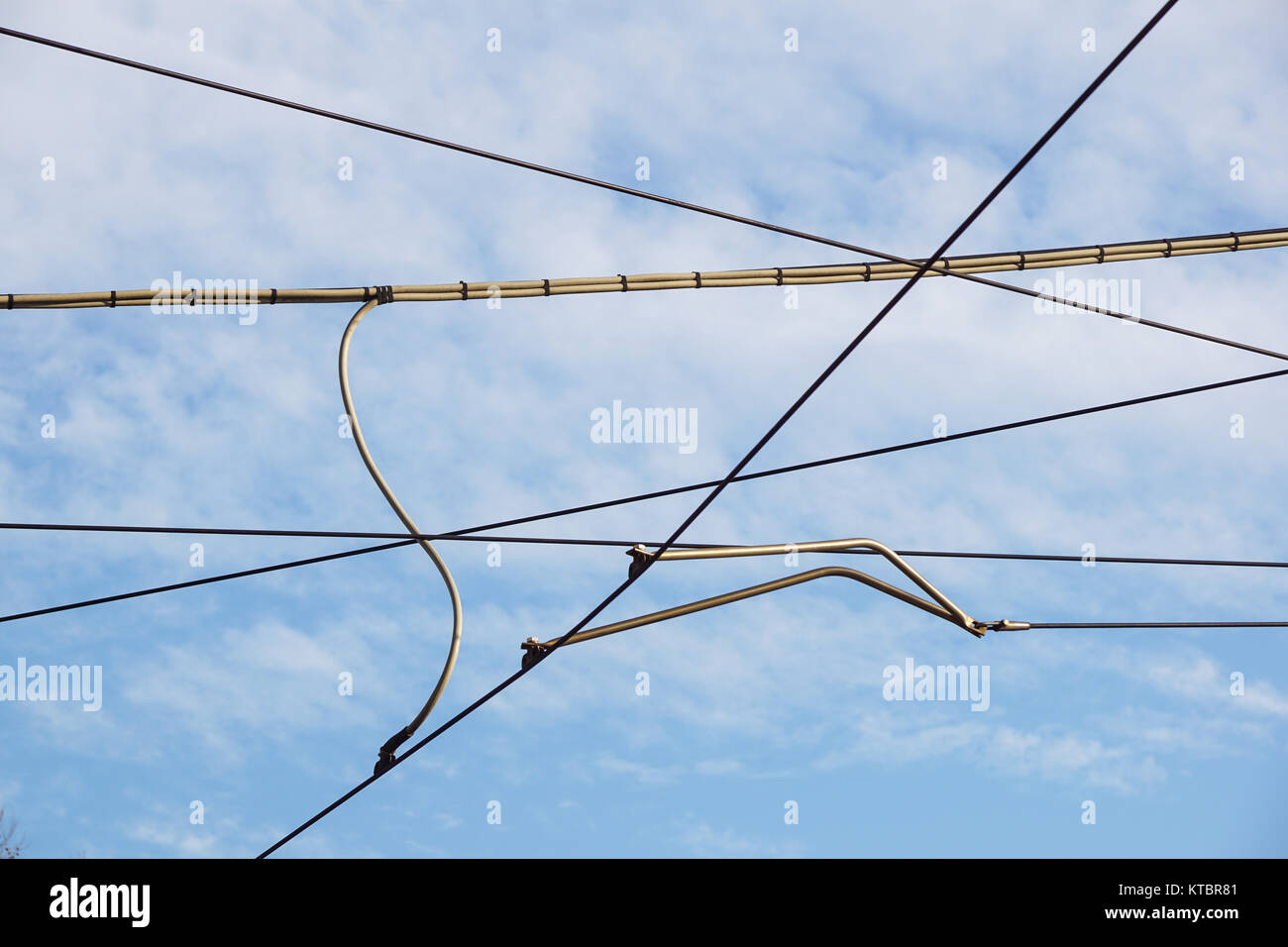 Streetcars or tram electric wires close up Stock Photo - Alamy