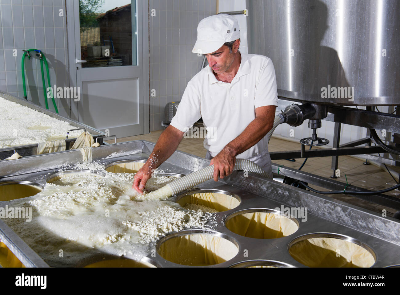 Cheesemaker pours cheese just curdled Stock Photo - Alamy
