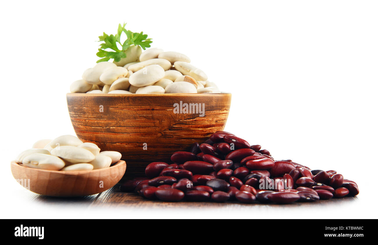 Composition with bowl of beans isolated on white Stock Photo - Alamy