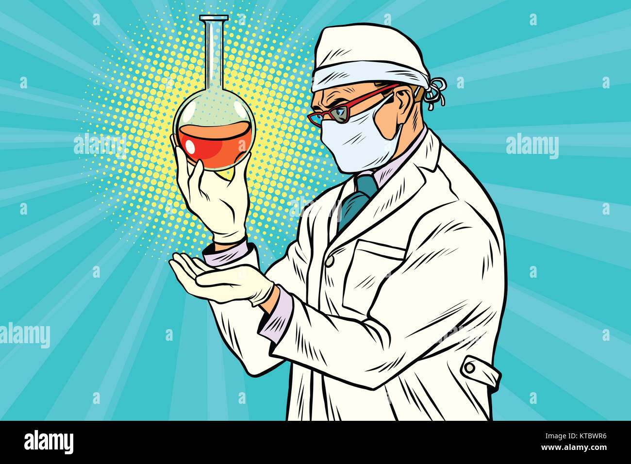 Scientist in mask analyzes laboratory flask with liquid Stock Photo - Alamy
