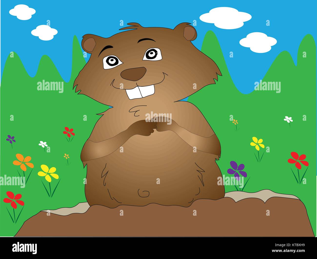 Cartoon groundhog illustrated in burrow with spring background as ...