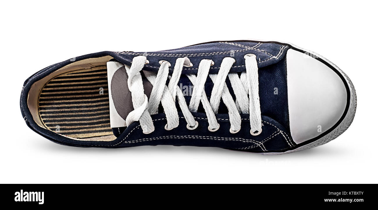 Single blue athletic shoe lying on its side Stock Photo - Alamy