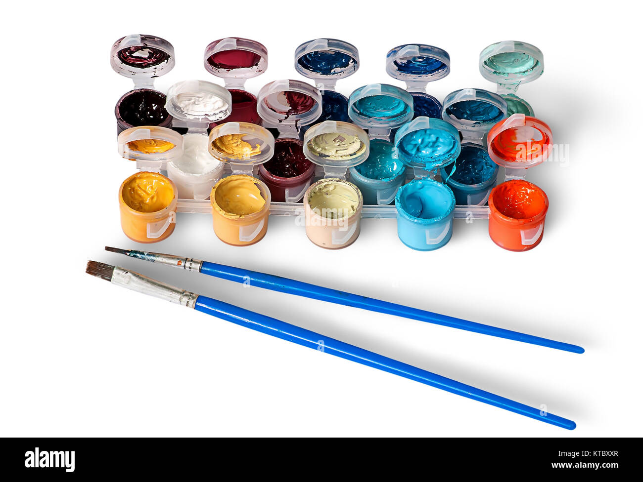 Set of colorful acrylic paints in jars and two brushes Stock Photo - Alamy