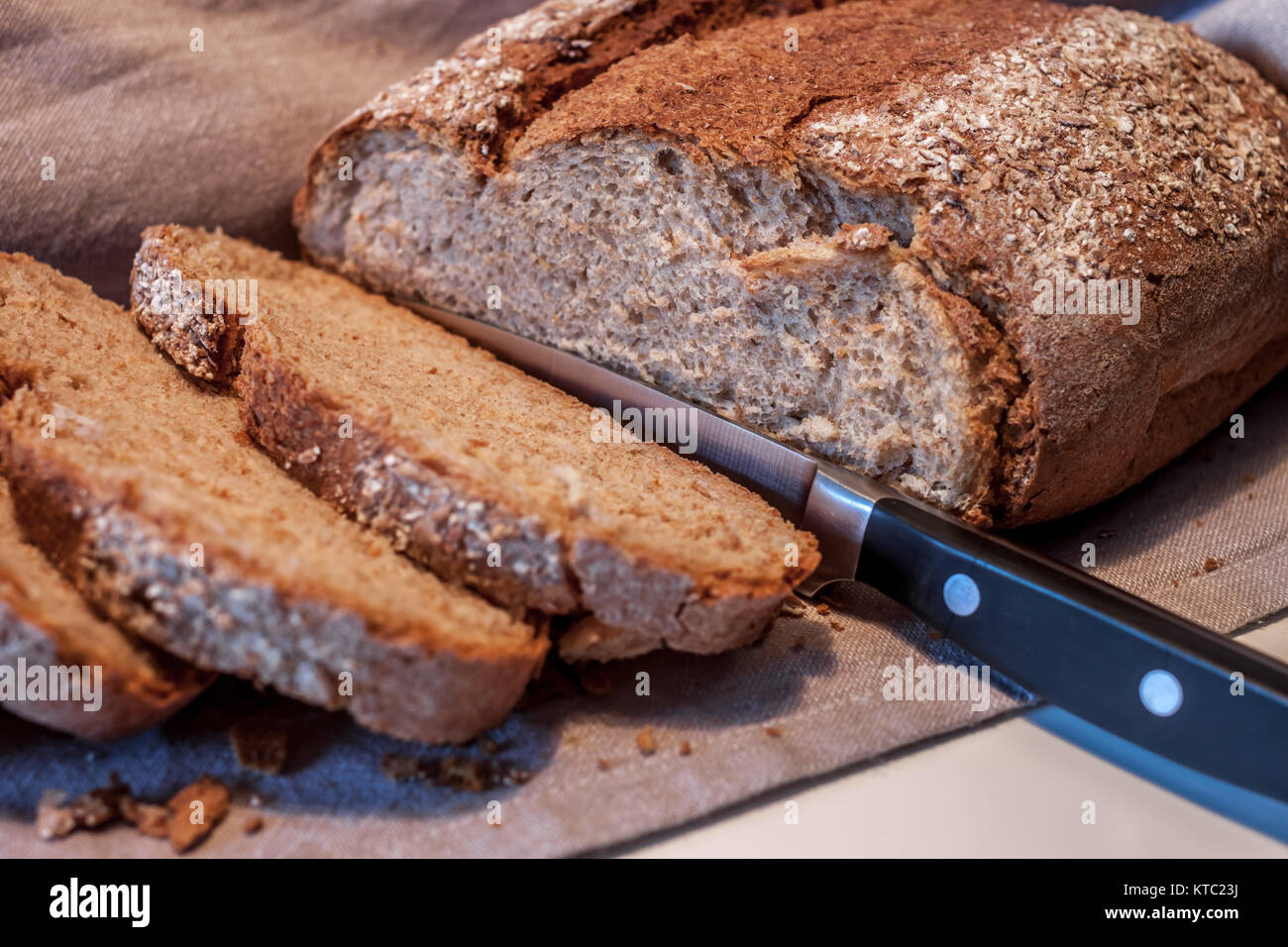 fresh bread cut by knife Stock Photo - Alamy