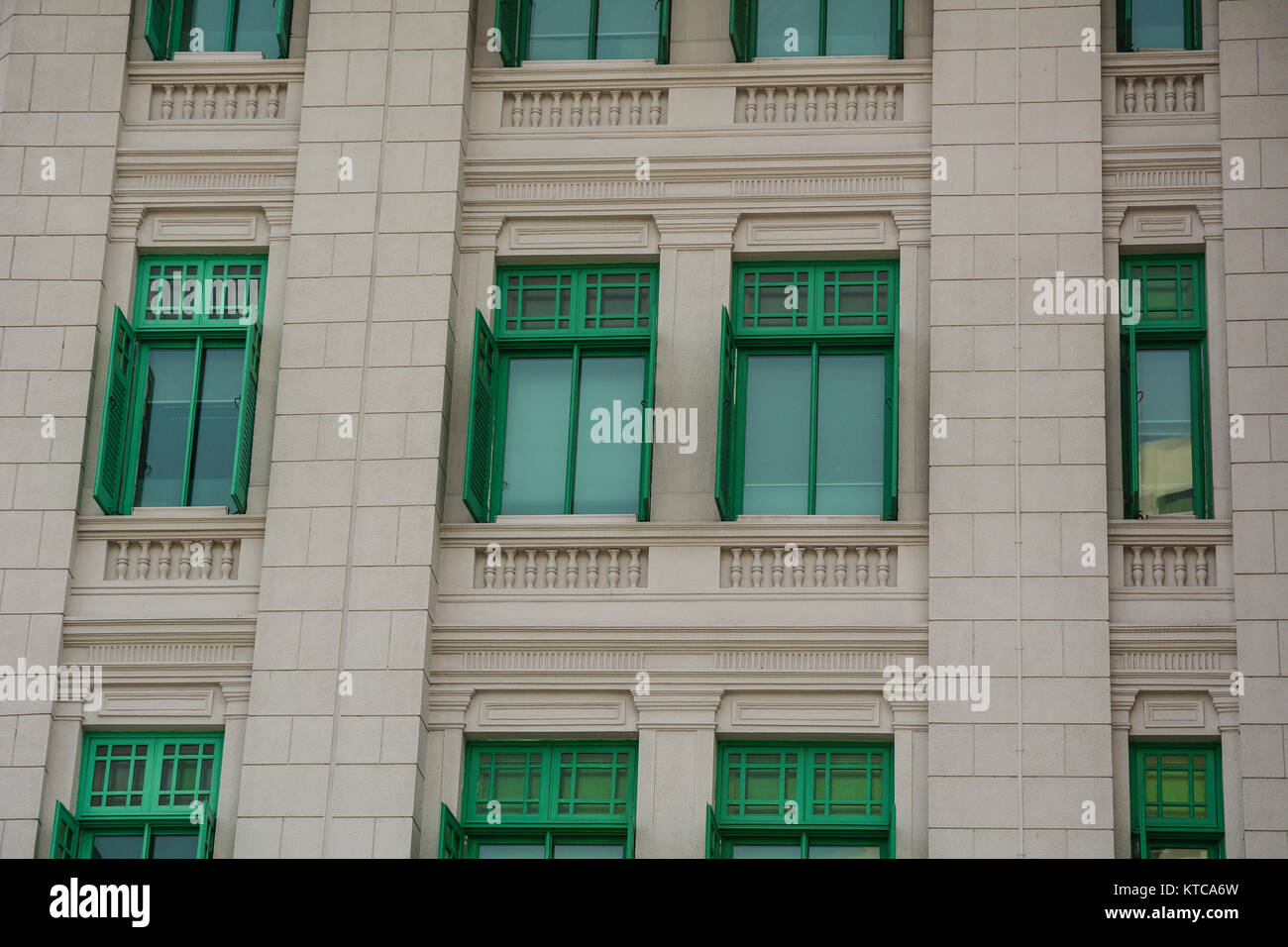 Details of an old building with green windows in Singapore. Singapore ...