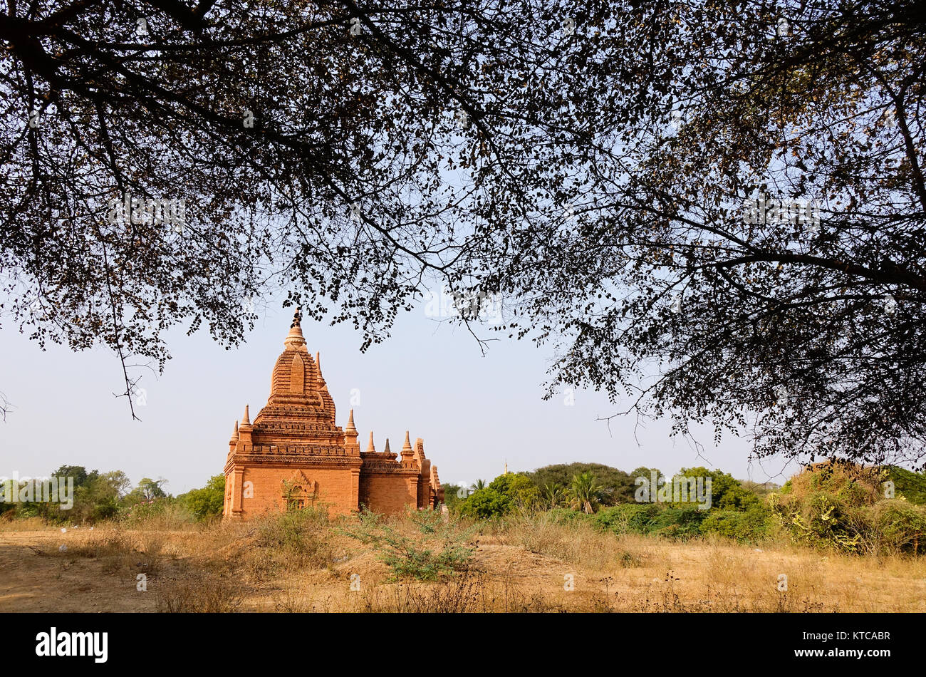 Ancient Buddhist temple with many trees in Bagan, Myanmar. The Bagan ...