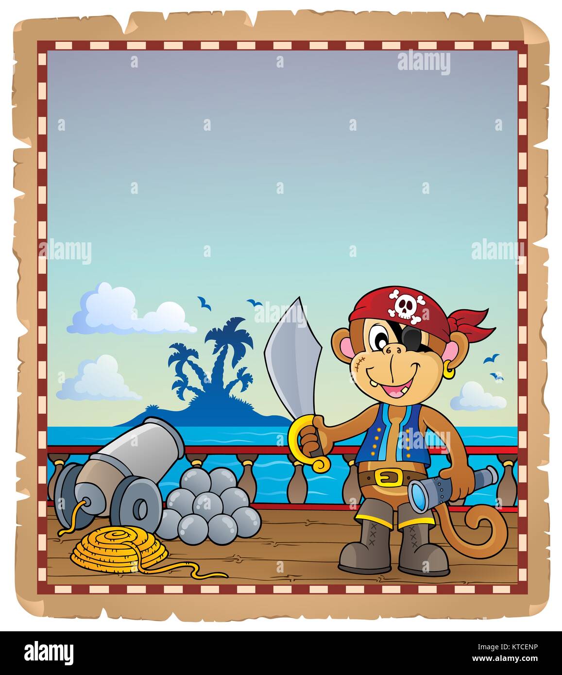 Parchment with pirate monkey on ship Stock Photo - Alamy