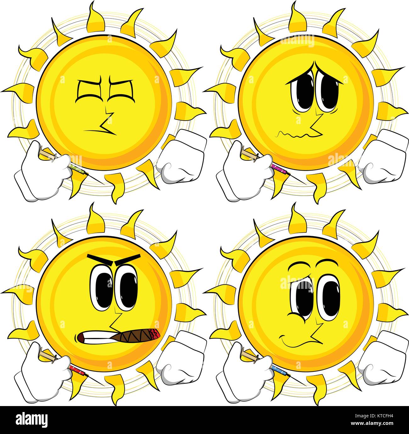 Cartoon sun with medical injection in hand. Collection with sad faces ...