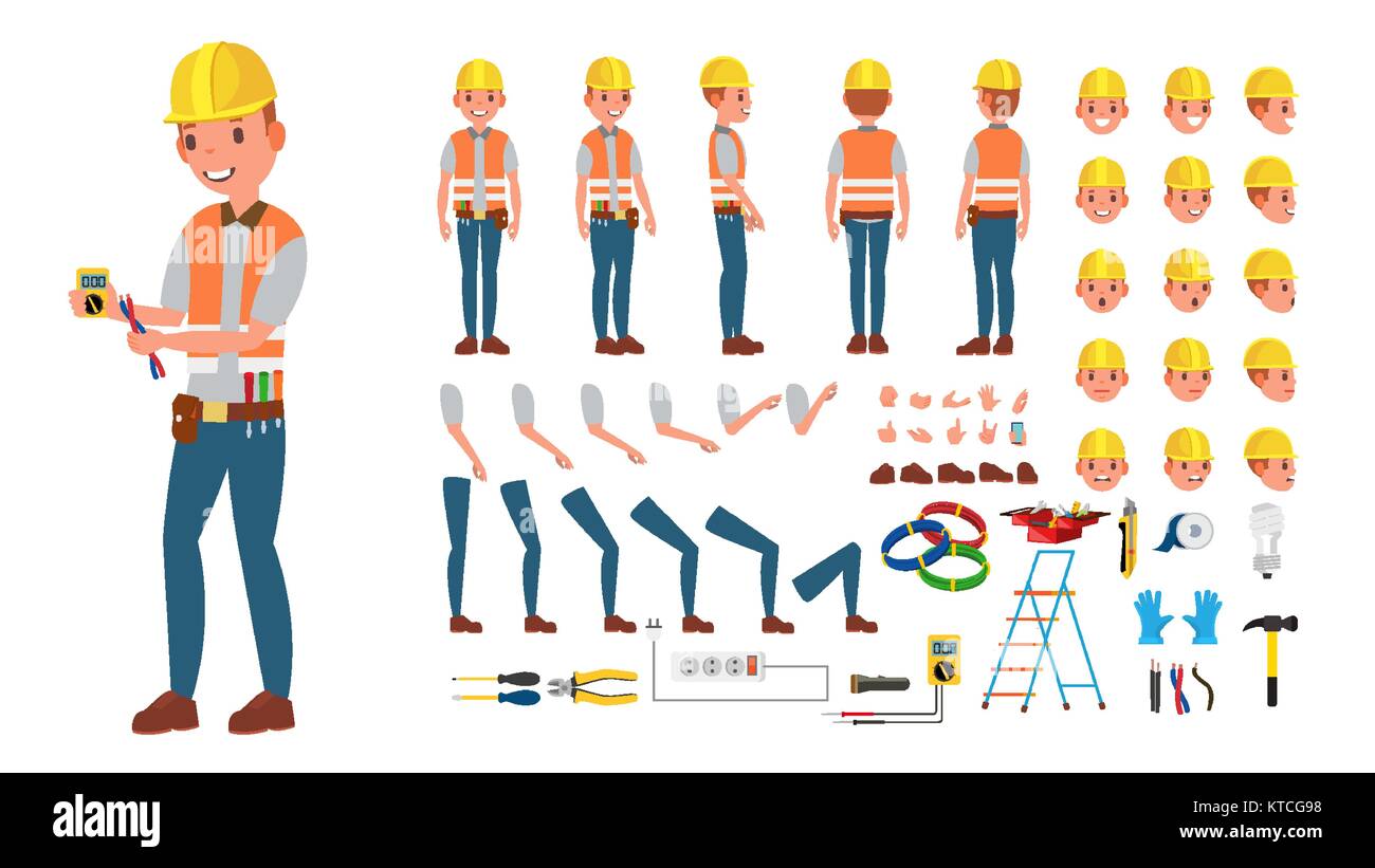 Electrician Vector. Animated Character Creation Set. Electronic Tools ...