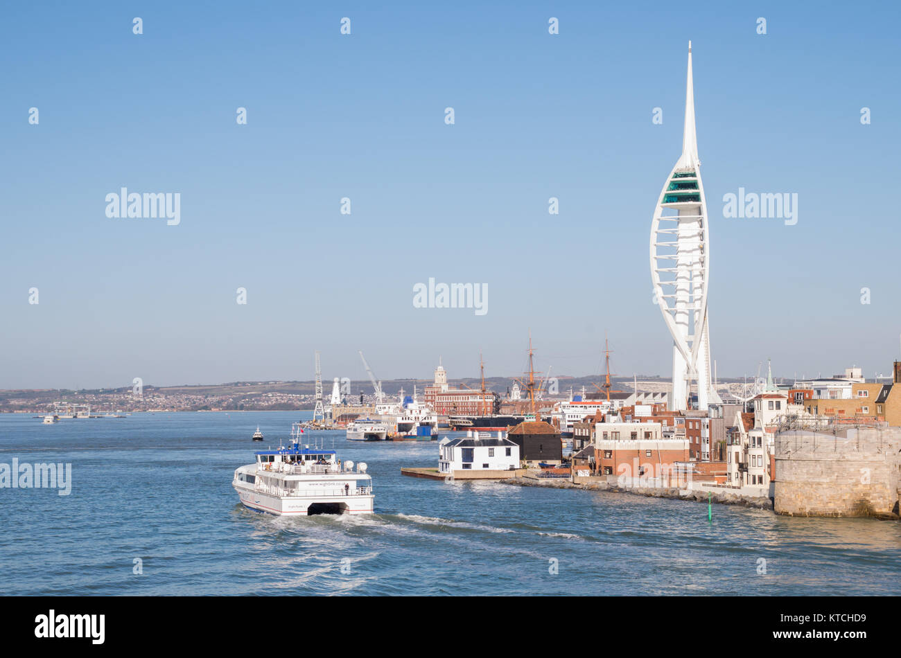 Wightlink catamaran approaching Portsmouth passing the Spice island and ...