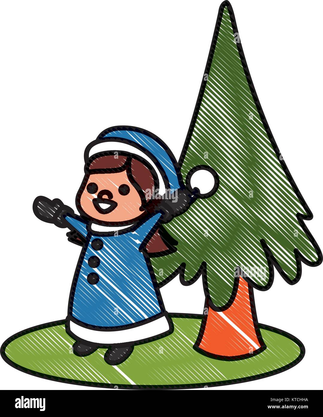 Cute girl and christmas tree cartoon Stock Vector Image & Art - Alamy