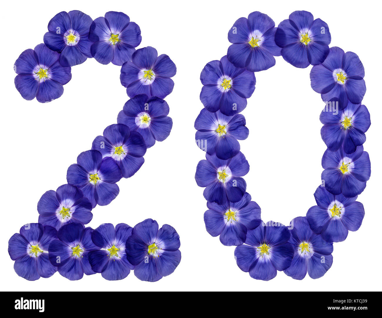 Arabic numeral 20, twenty, two, from blue flowers of flax, isolated on ...