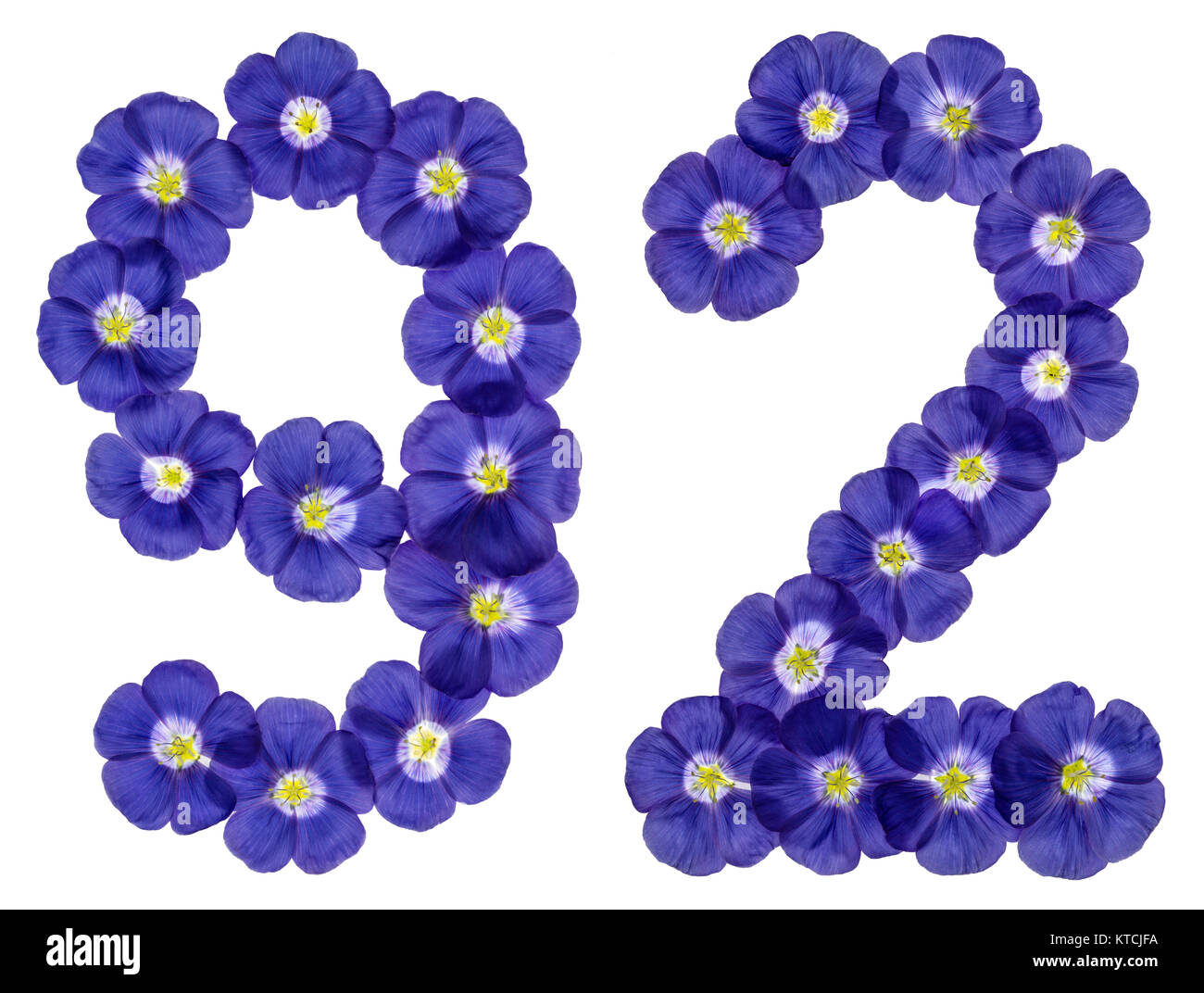 Arabic numeral 92, ninety two, from blue flowers of flax, isolated on ...