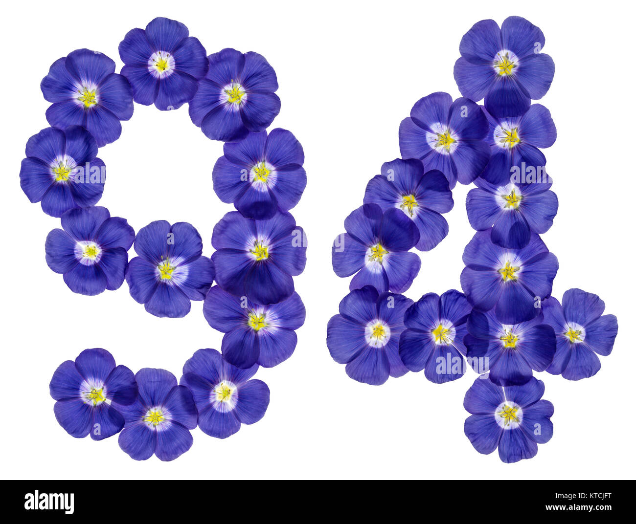 Arabic numeral 94, ninety four, from blue flowers of flax, isolated on ...
