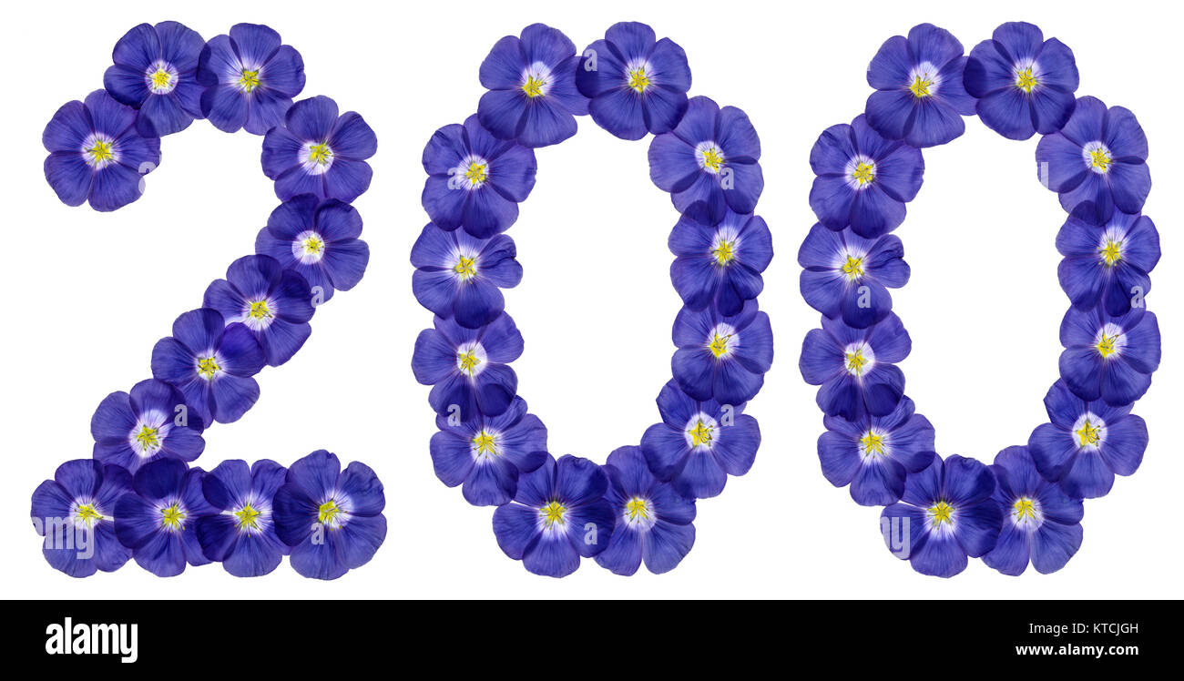 Arabic numeral 200, two hundred, from blue flowers of flax, isolated on ...