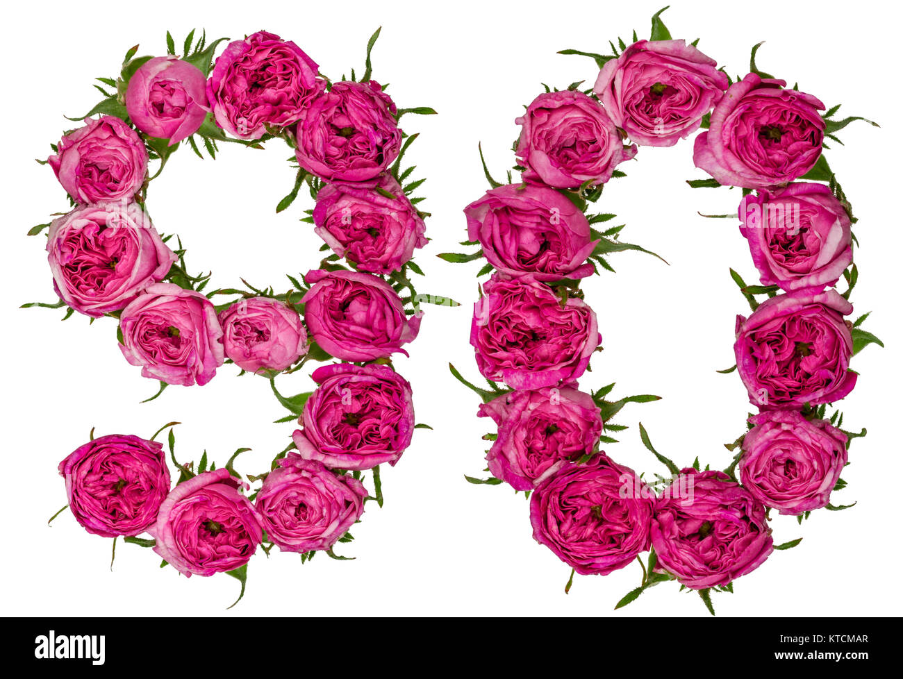 Arabic numeral 90, ninety, nine, from red flowers of rose, isolated on ...