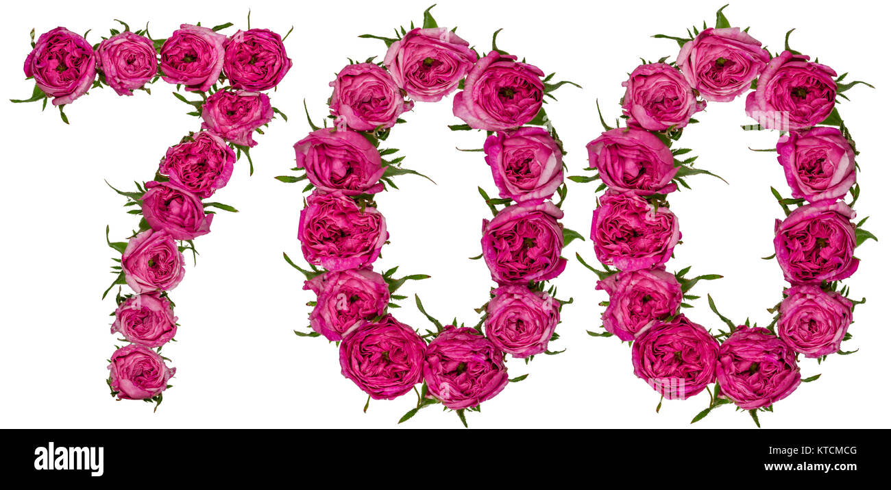 Arabic numeral 700, seven hundred, from red flowers of rose, isolated ...