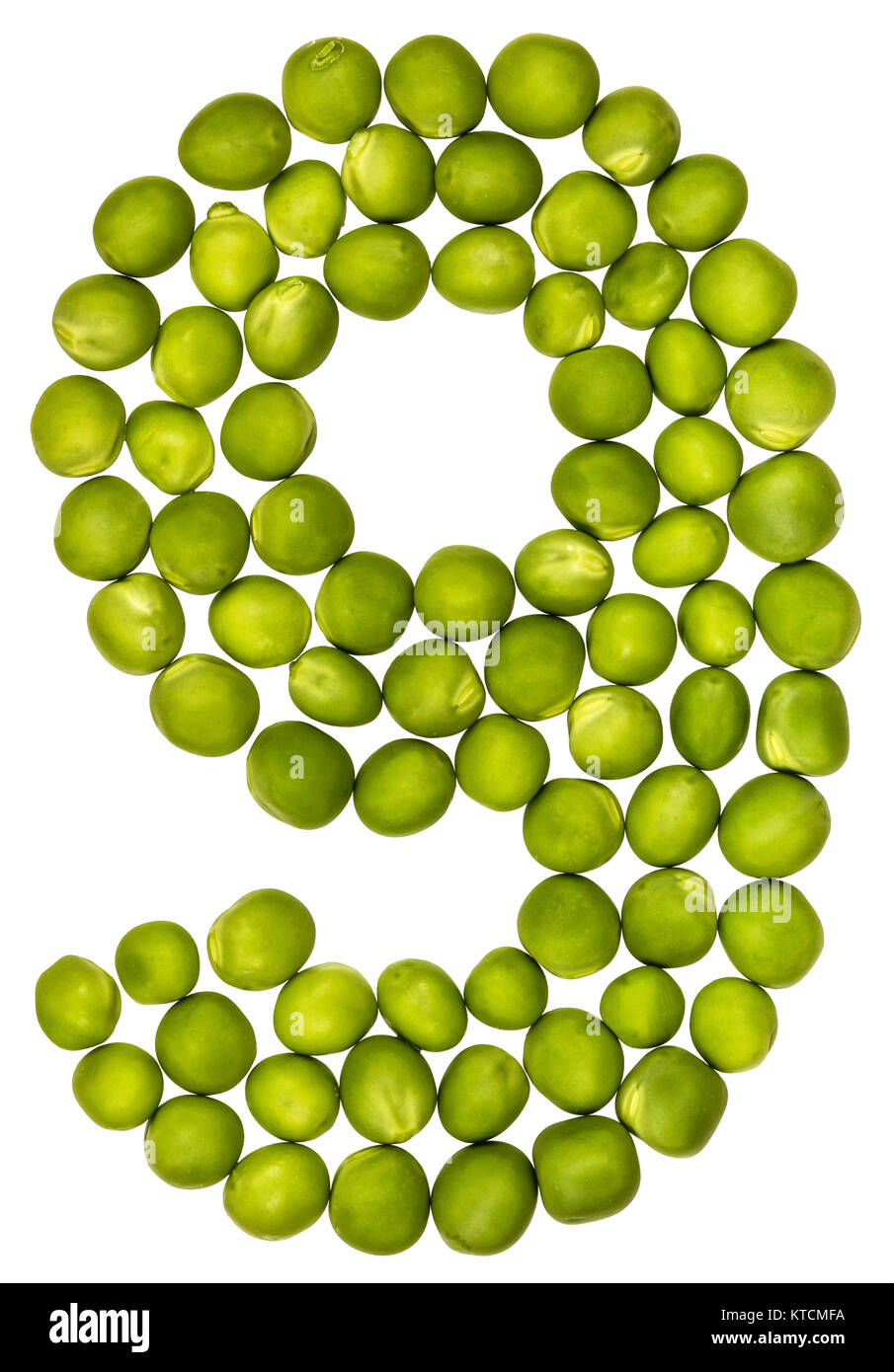 Arabic numeral 9, nine, from green peas, isolated on white background ...
