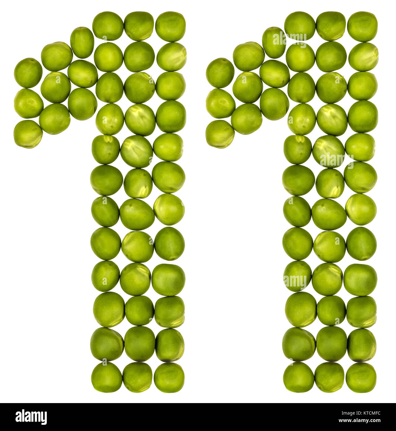 Arabic numeral 11, eleven, from green peas, isolated on white ...