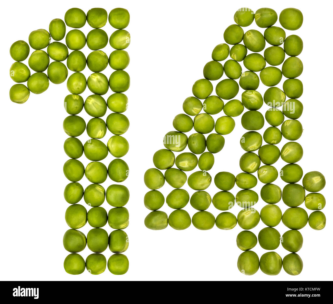 Arabic numeral 14, fourteen, from green peas, isolated on white ...