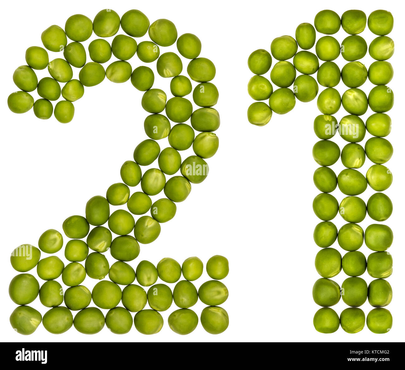 Arabic numeral 21, twenty one, from green peas, isolated on white ...