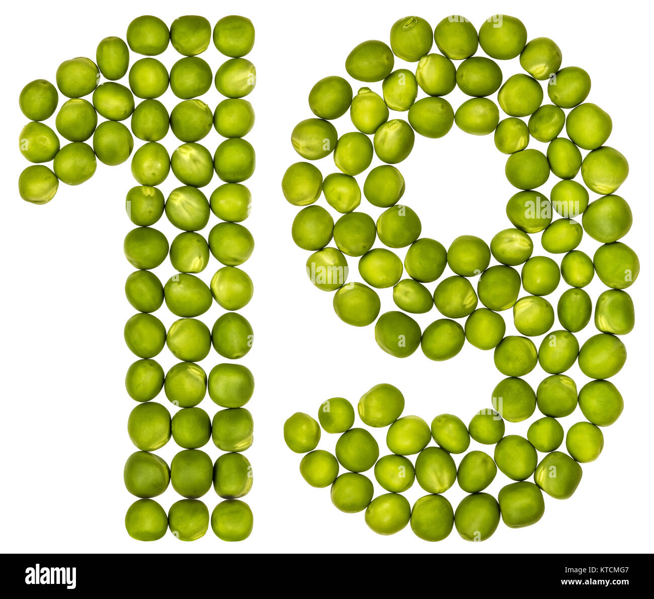 Arabic numeral 19, nineteen, from green peas, isolated on white ...