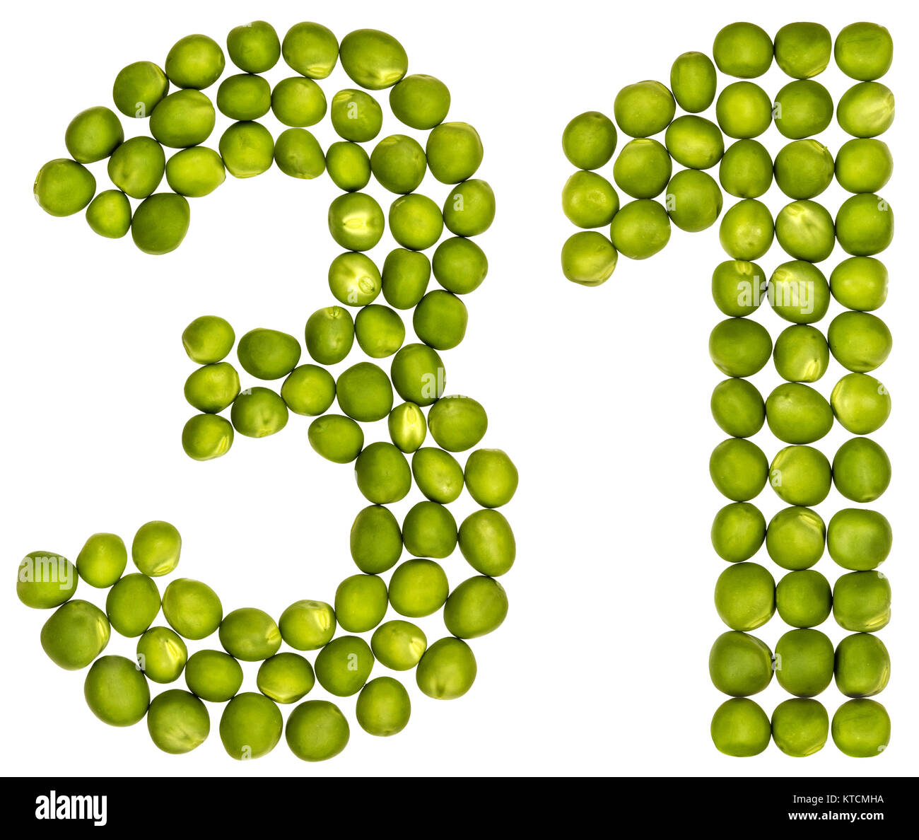 Arabic numeral 31, thirty one, from green peas, isolated on white ...