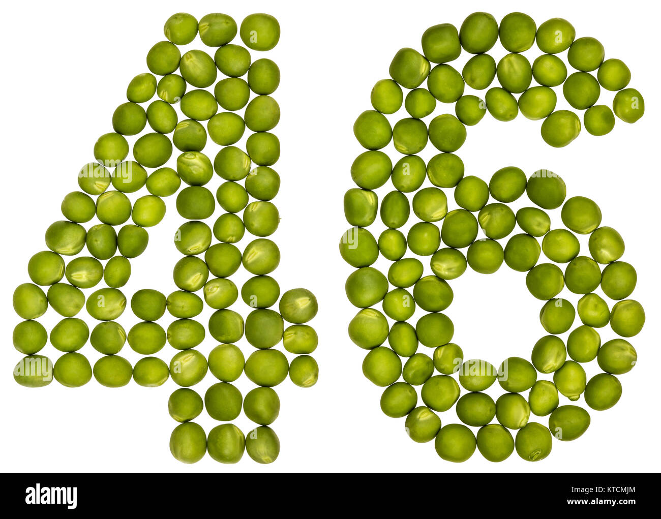 Arabic numeral 46, forty six, from green peas, isolated on white ...