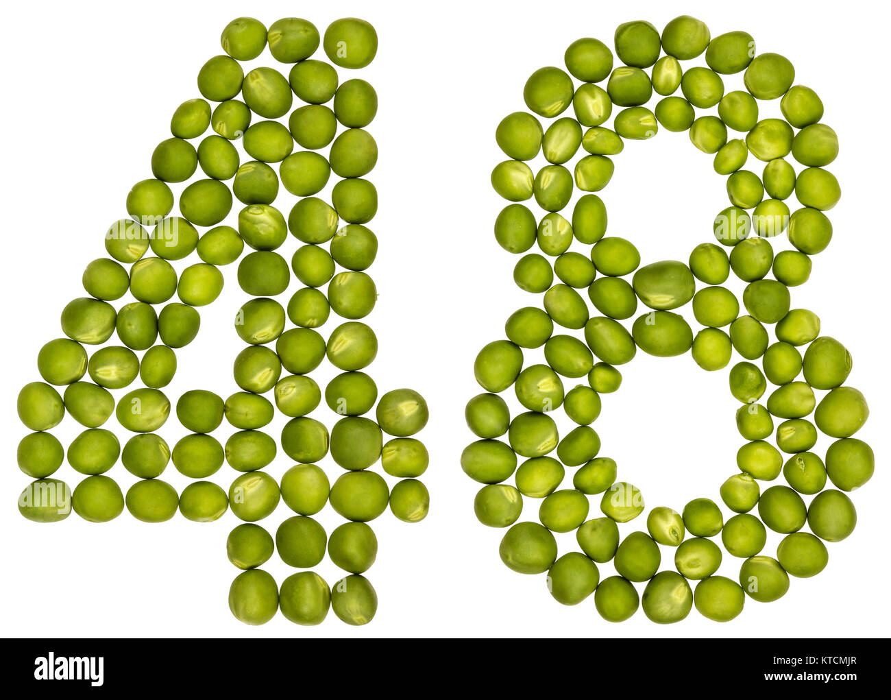 Arabic numeral 48, forty eight, from green peas, isolated on white ...