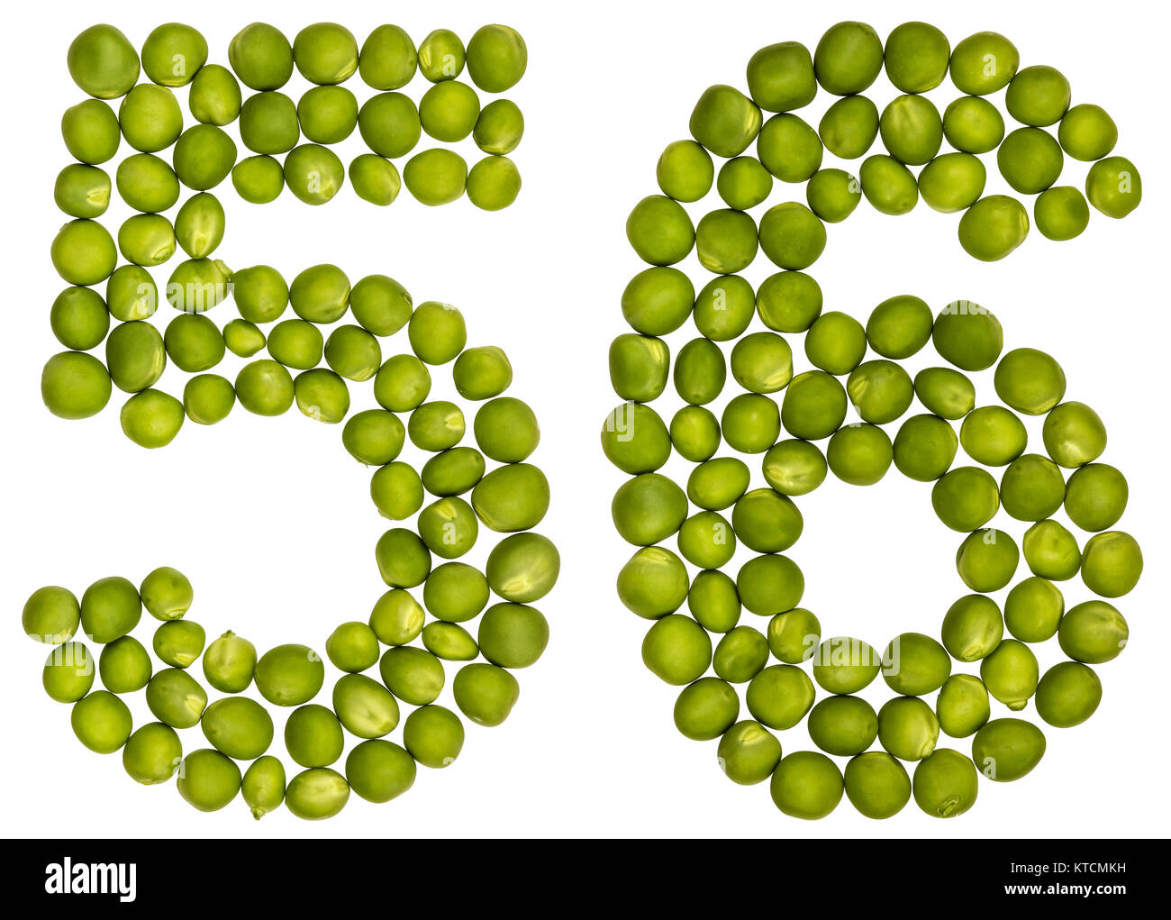 Arabic numeral 56, fifty six, from green peas, isolated on white ...