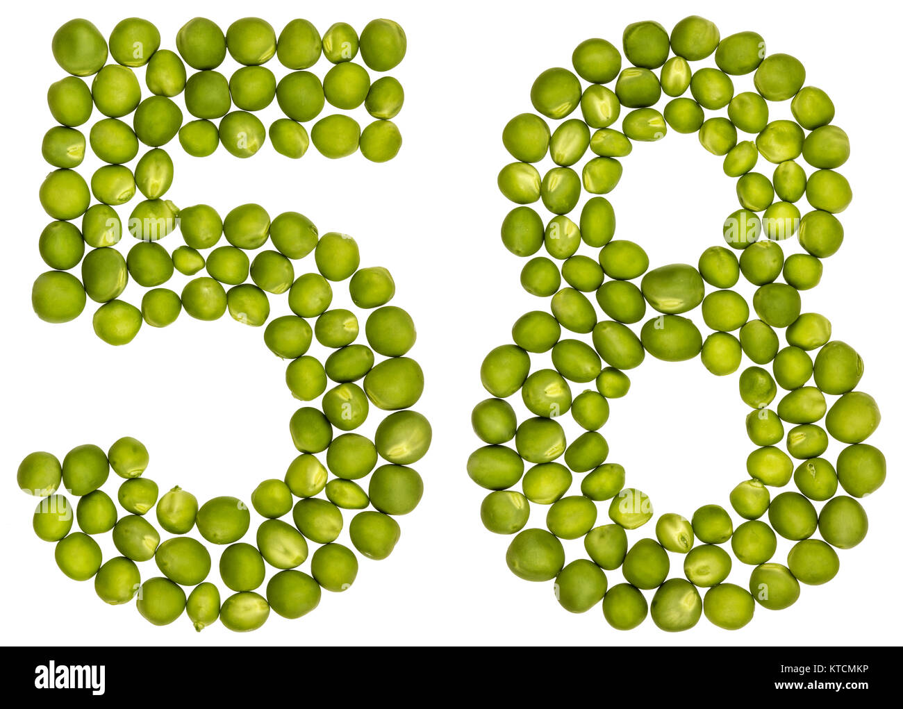 Arabic numeral 58, fifty eight, from green peas, isolated on white ...