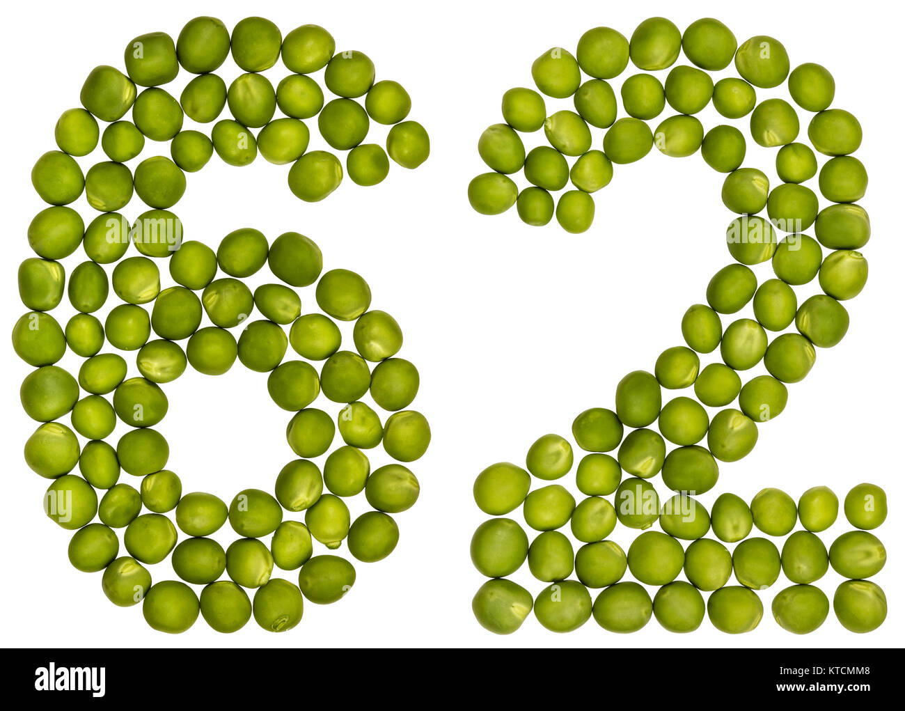 Arabic numeral 62, sixty two, from green peas, isolated on white ...