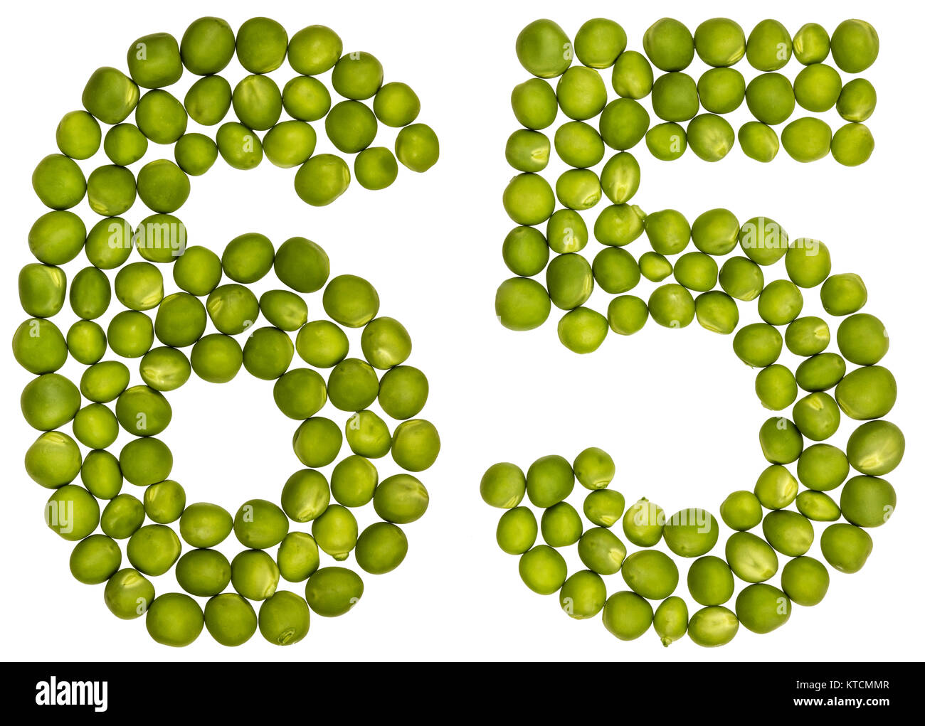 Arabic numeral 65, sixty five, from green peas, isolated on white ...