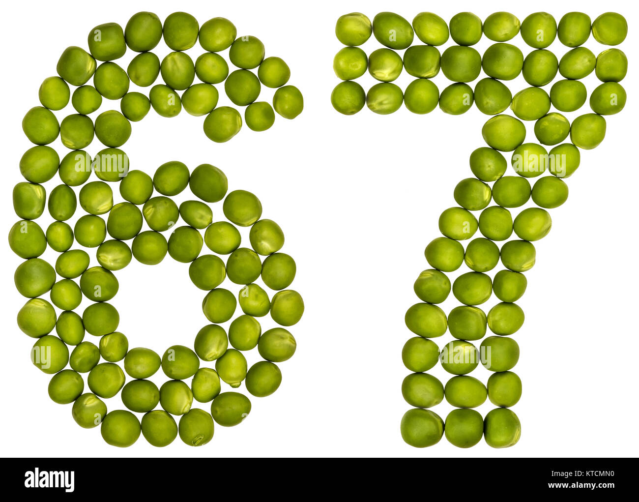 Arabic numeral 67, sixty seven, from green peas, isolated on white ...