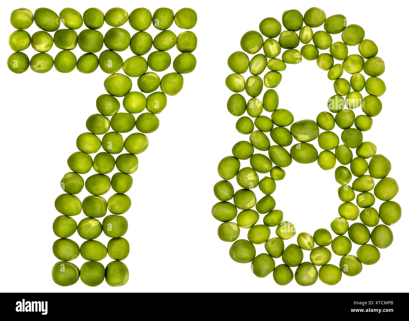 Arabic numeral 78, seventy eight, from green peas, isolated on white ...